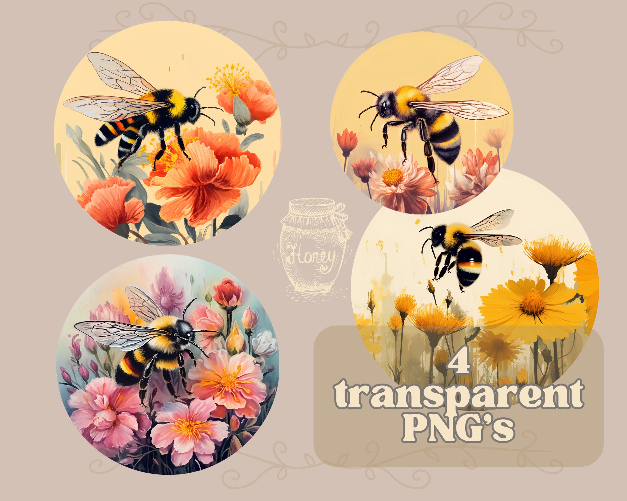 Clipart TRANSPARENT PNG Set of 4 Bumble Bee Summer Prints | High ...