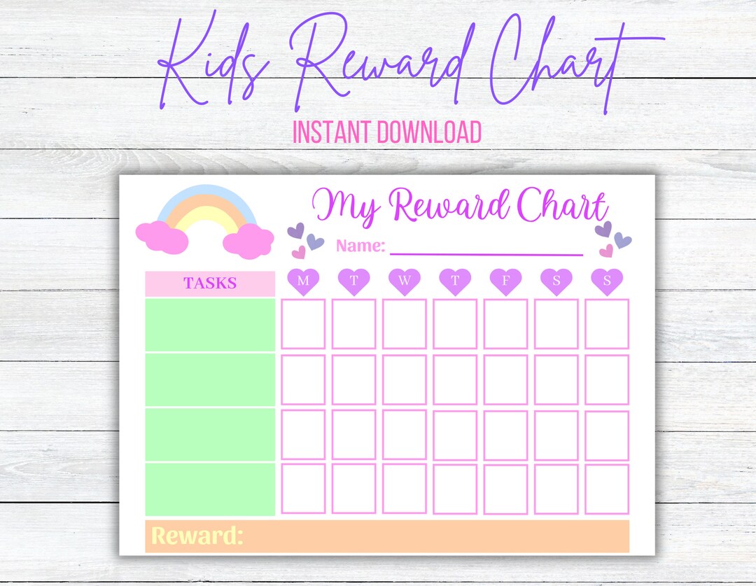 Kids & Toddler Rainbow Reward Chart Printable, Hearts, Daily Weekly ...