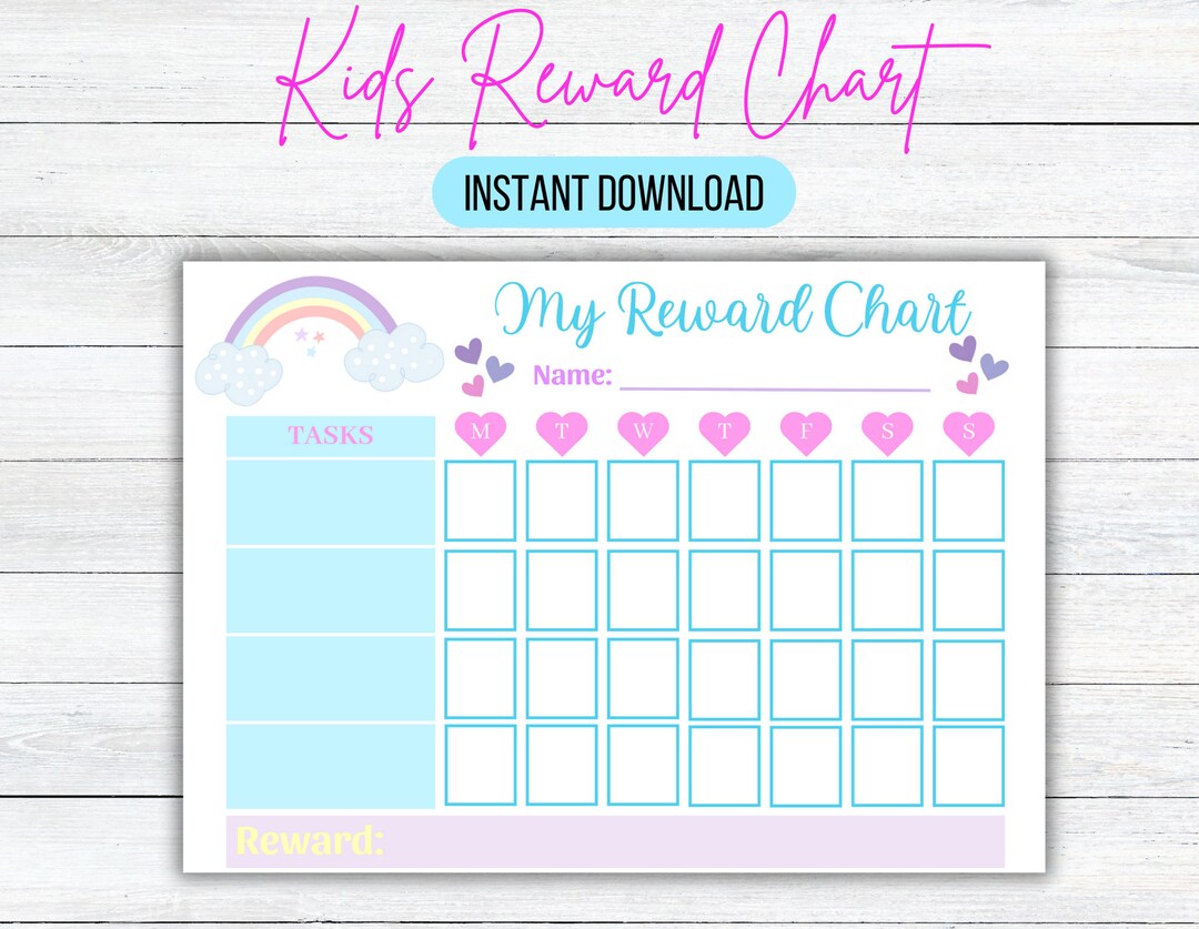 Kids & Toddler Reward Chart Printable, Rainbow, Hearts, Daily Weekly ...