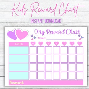 Kids & Toddler Reward Chart Printable, Hearts, Daily Weekly Reward ...