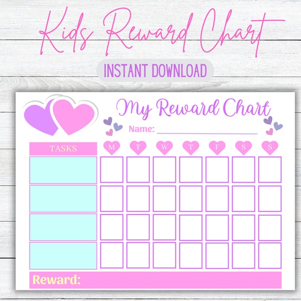 Kids & Toddler Reward Chart Printable, Rainbow, Hearts, Daily Weekly ...