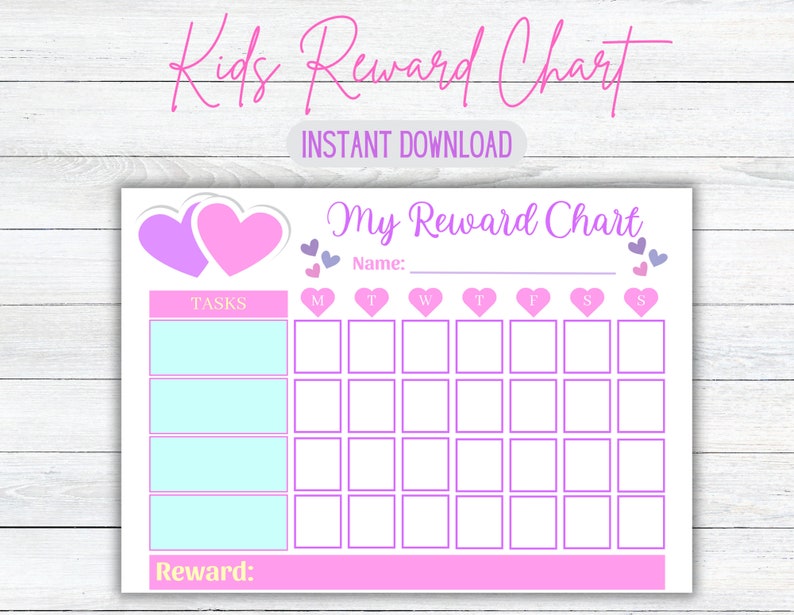 Kids & Toddler Reward Chart Printable, Hearts, Daily Weekly Reward ...