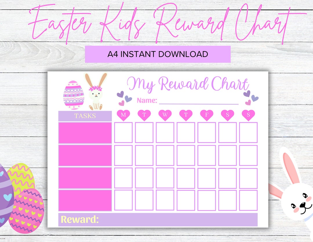 Easter Kids & Toddler Reward Chart Printable, Hearts, Daily Weekly ...