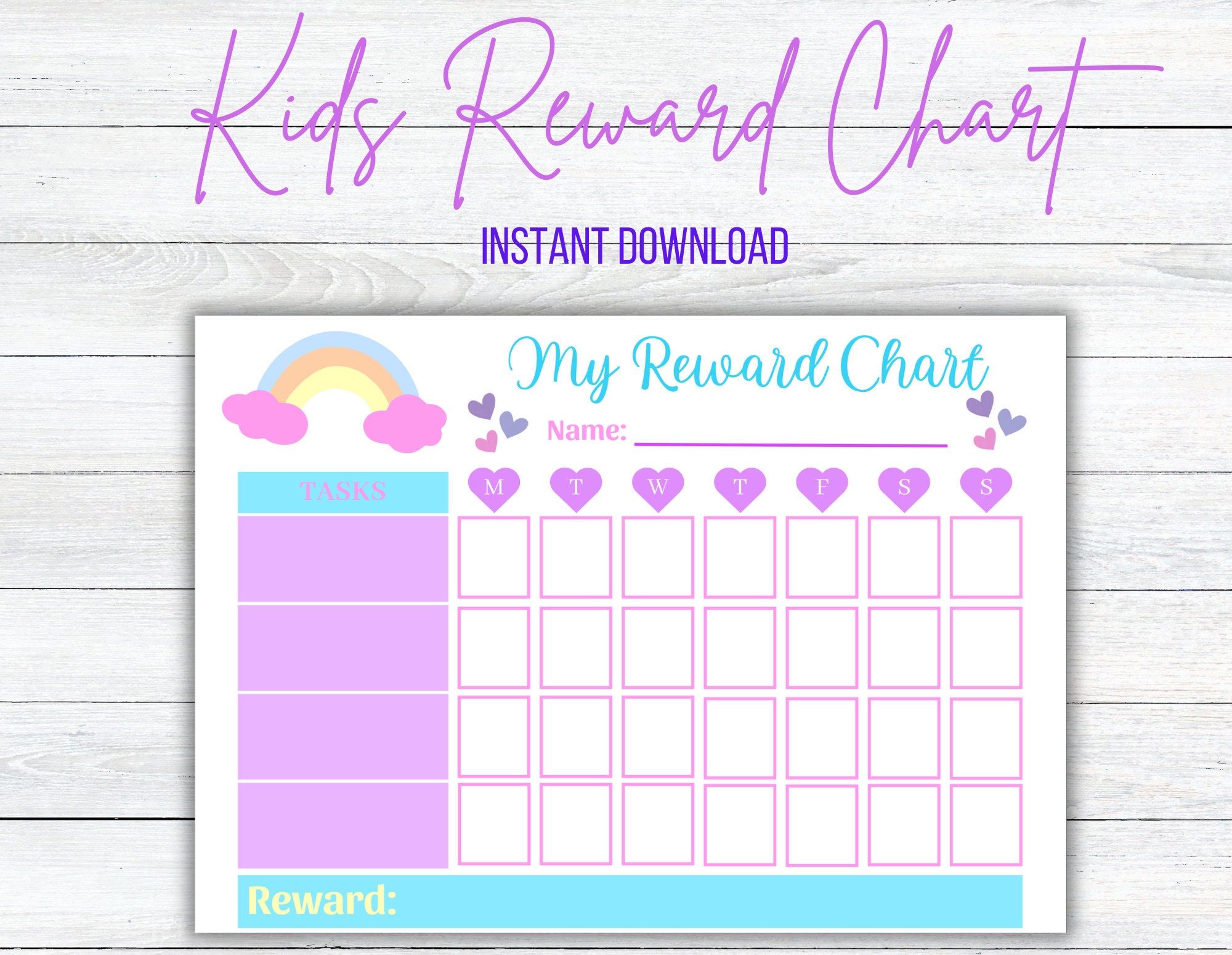 Kids & Toddler Reward Chart Printable, Rainbow, Hearts, Daily Weekly ...