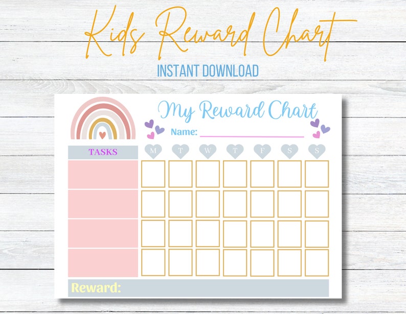 Kids & Toddler Reward Chart Printable, Rainbow, Hearts, Daily Weekly ...