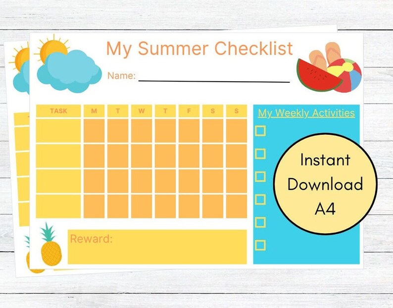 Printable Summer Checklist Chart, Reward Chart, Weekly Activities ...