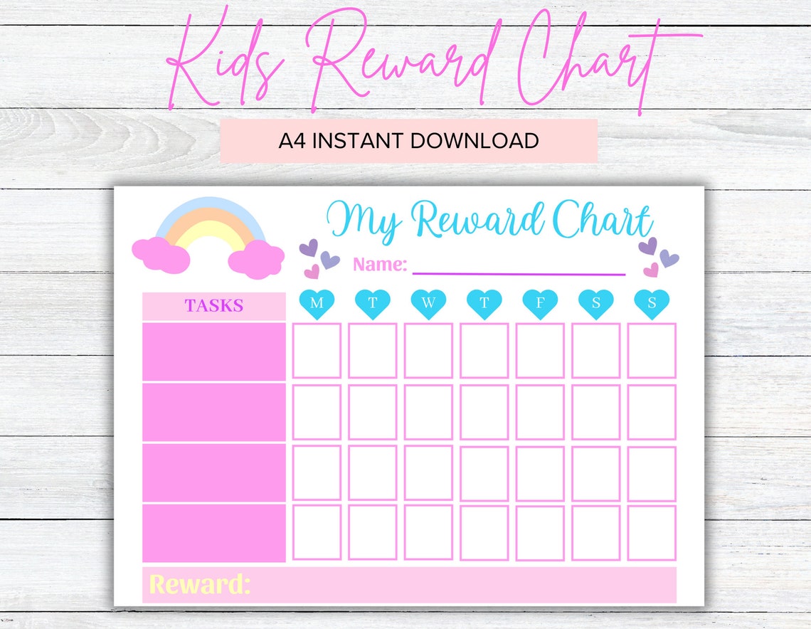 Kids & Toddler Reward Chart Printable, Rainbow, Hearts, Daily Weekly ...