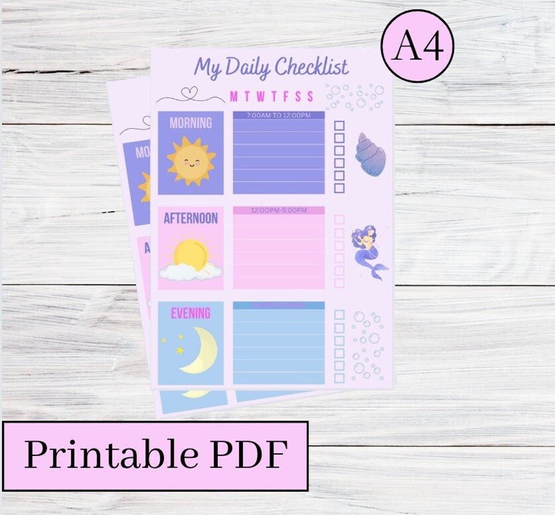 Printable Children's Mermaid Theme Daily Routine Checklist, Good for ...