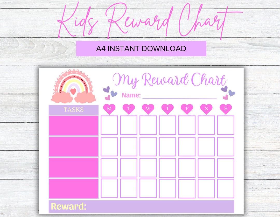 Kids & Toddler Rainbow Reward Chart Printable, Hearts, Daily Weekly ...