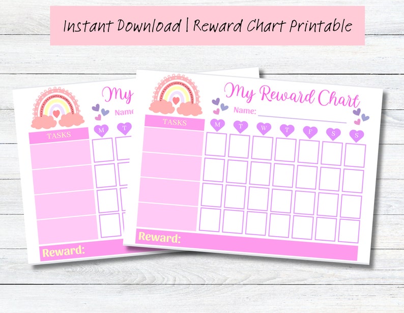 Kids & Toddler Reward Chart Printable, Rainbow, Hearts, Daily Weekly ...