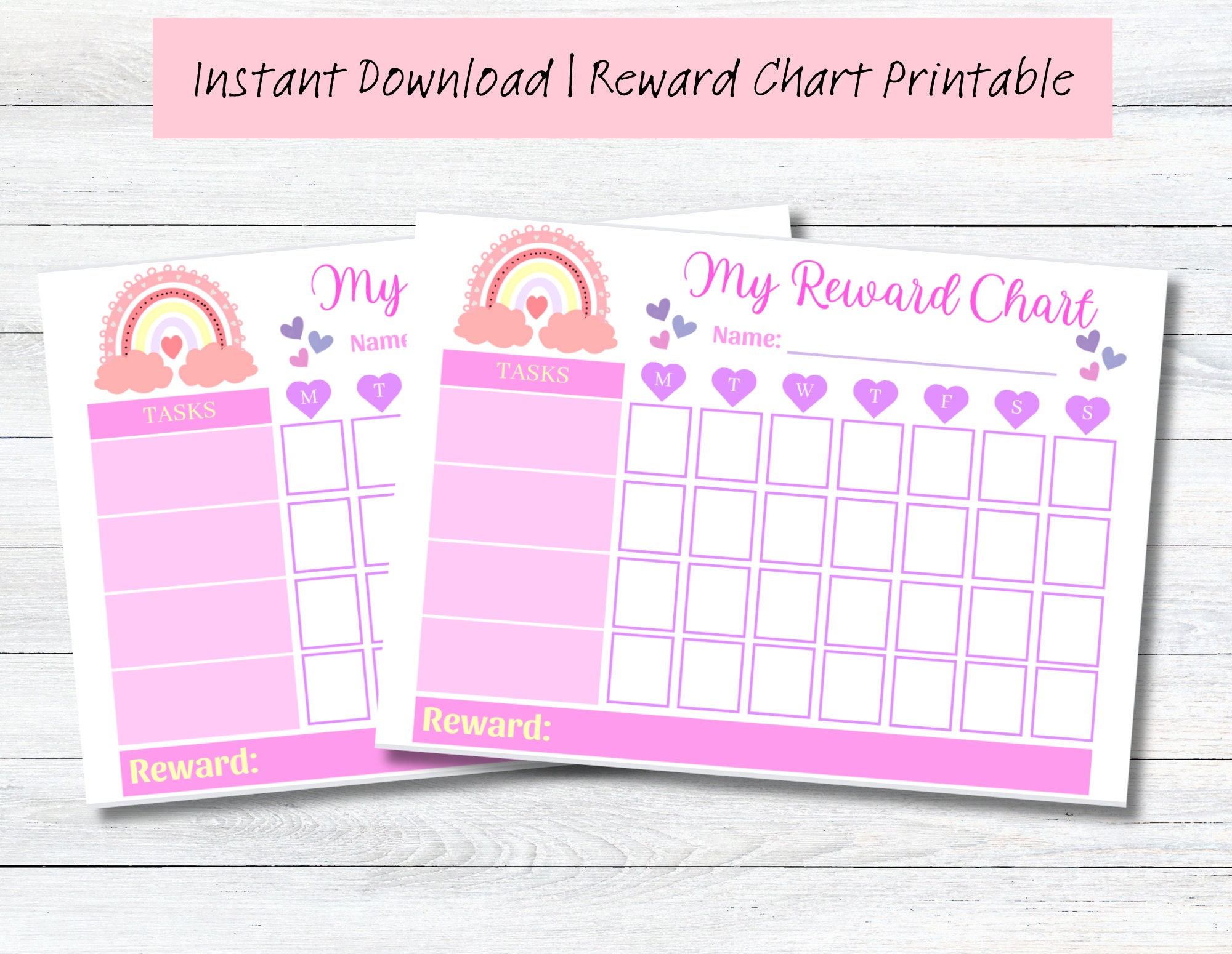 Kids & Toddler Reward Chart Printable, Rainbow, Hearts, Daily Weekly ...