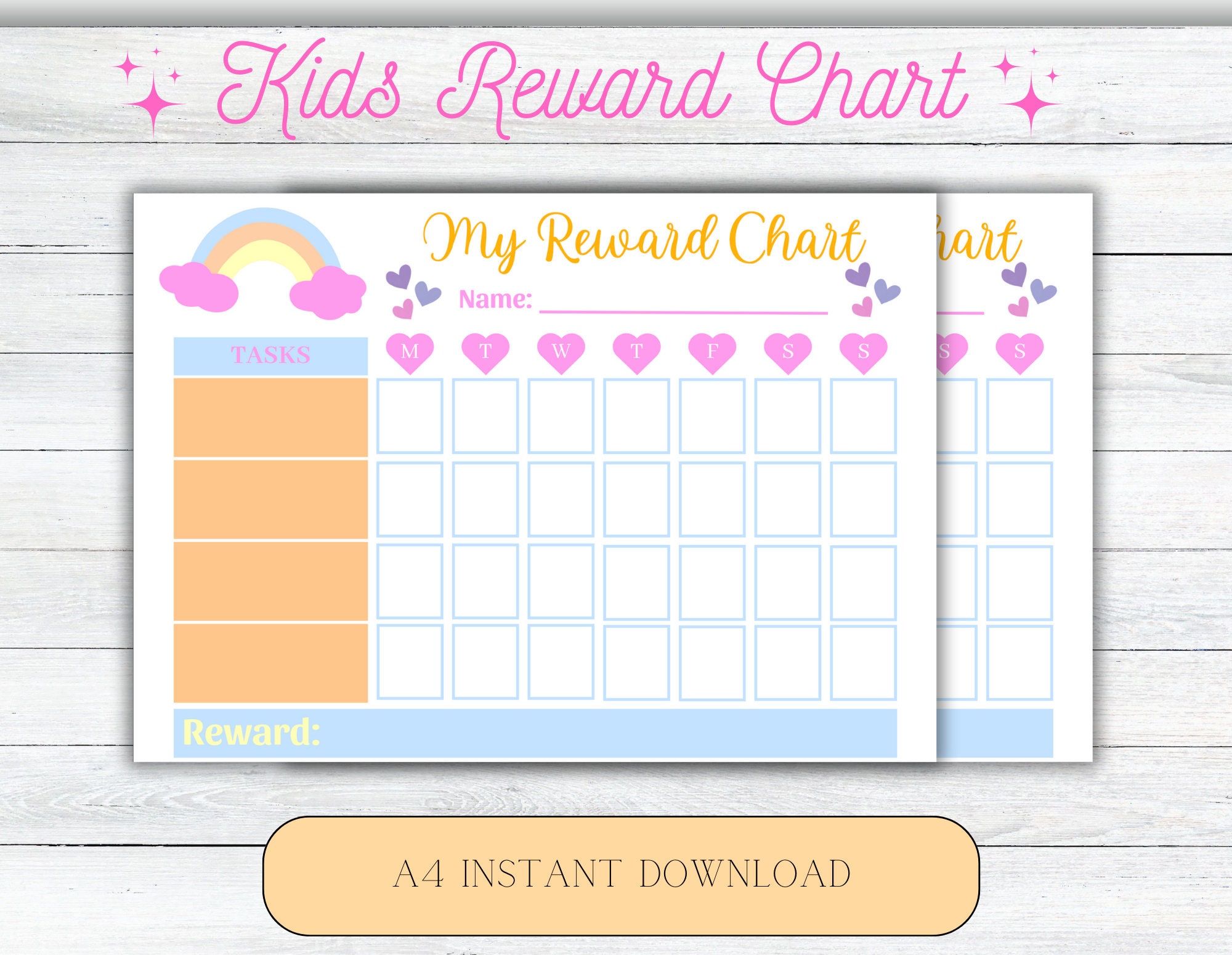 Kids & Toddler Reward Chart Printable, Rainbow, Hearts, Daily Weekly ...
