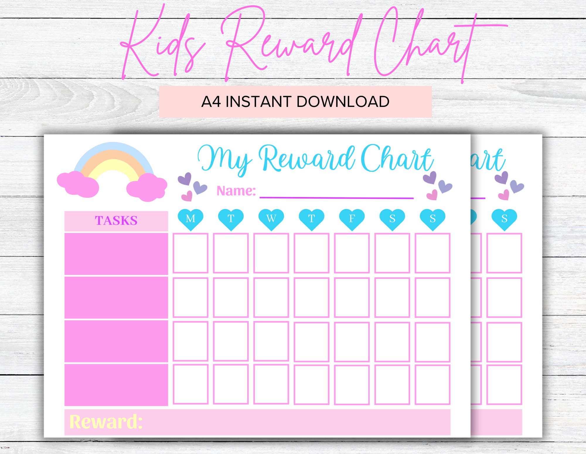Kids & Toddler Reward Chart Printable, Rainbow, Hearts, Daily Weekly ...