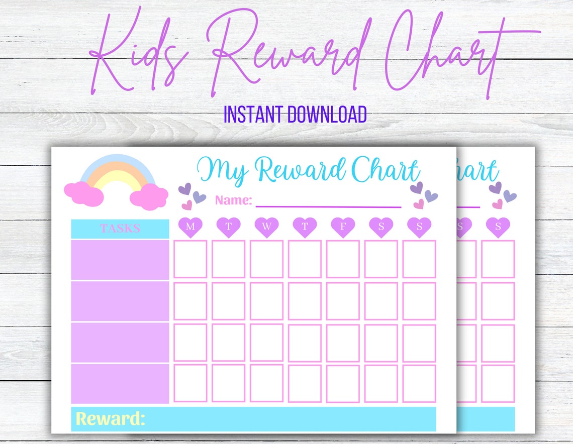 Kids & Toddler Reward Chart Printable, Rainbow, Hearts, Daily Weekly ...