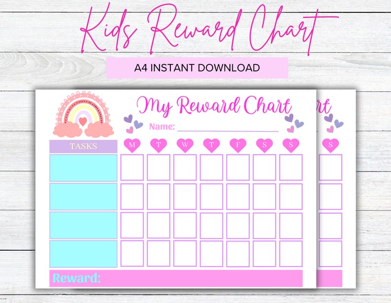 Kids & Toddler Rainbow Reward Chart Printable, Hearts, Daily Weekly ...