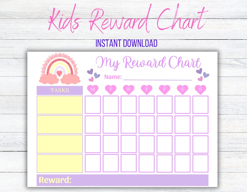 Kids & Toddler Reward Chart Printable, Rainbow, Hearts, Daily Weekly ...
