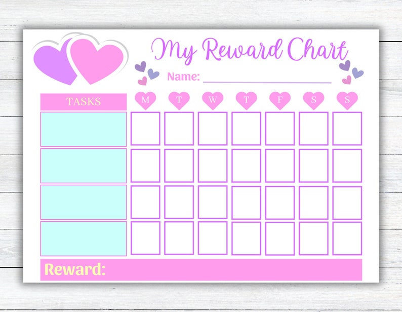 Kids & Toddler Reward Chart Printable, Hearts, Daily Weekly Reward ...