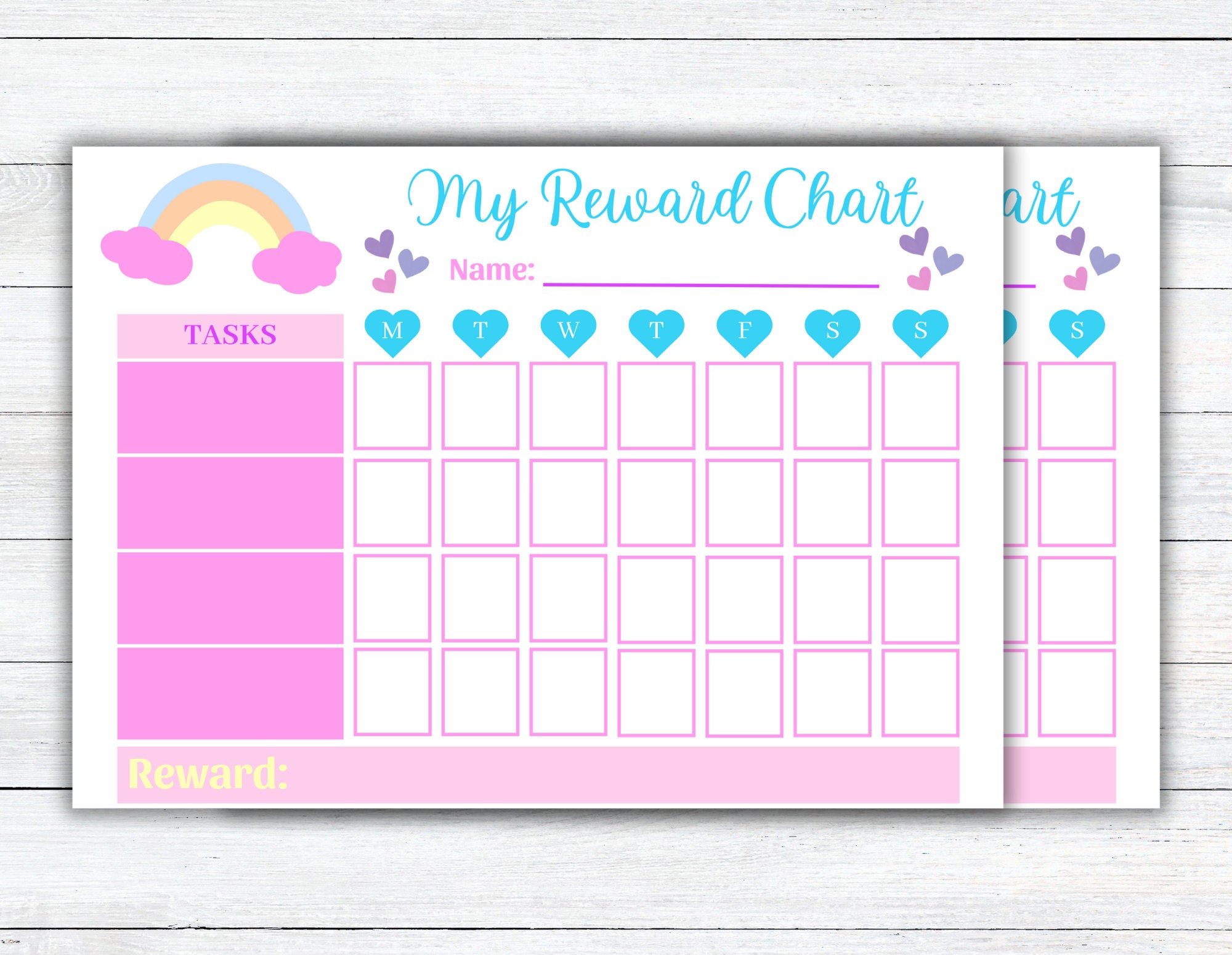 Kids & Toddler Reward Chart Printable, Rainbow, Hearts, Daily Weekly ...