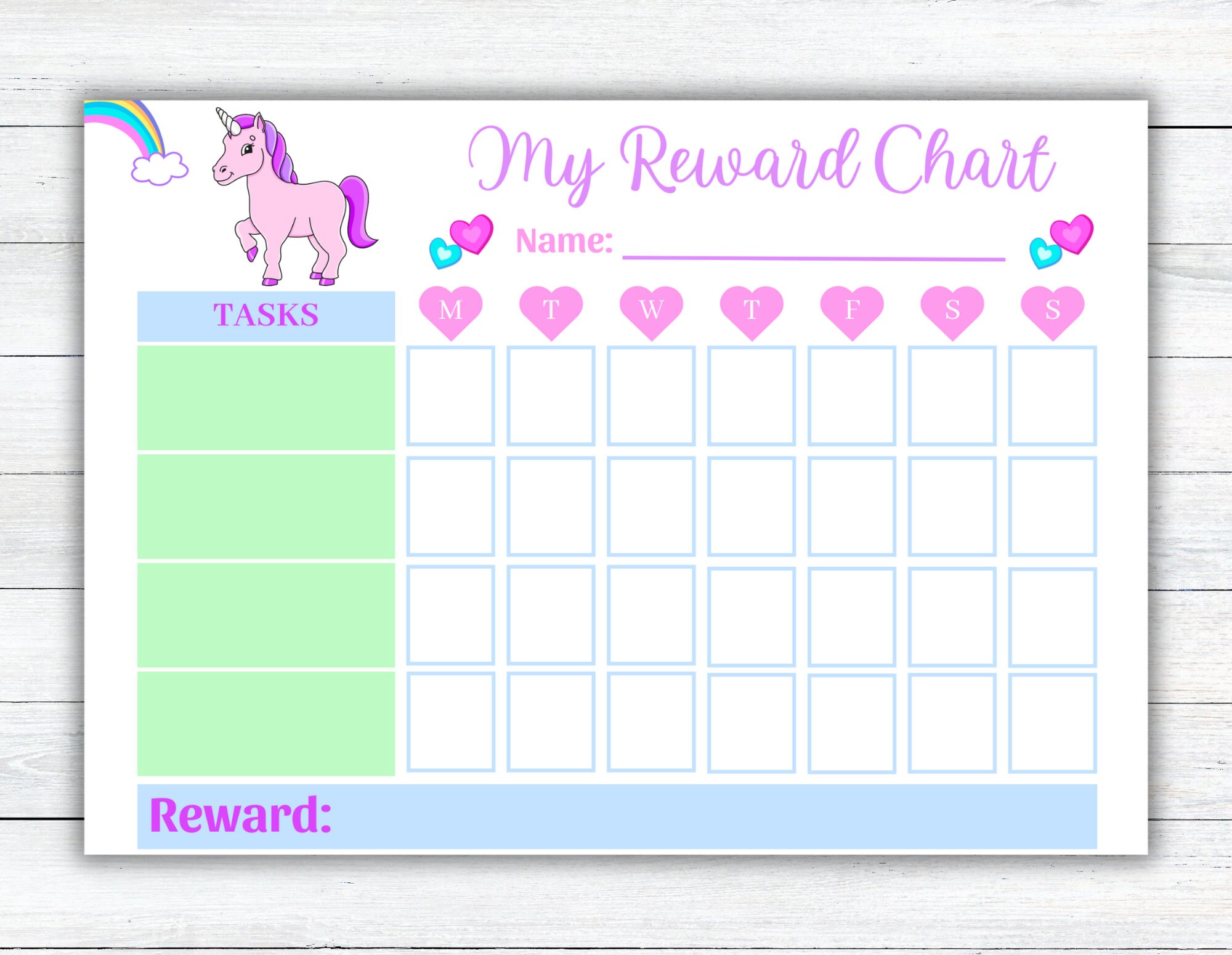 Kids & Toddler Reward Chart Printable, Rainbow, Hearts, Daily Weekly ...