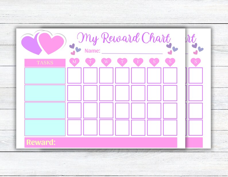 Kids & Toddler Reward Chart Printable, Hearts, Daily Weekly Reward ...