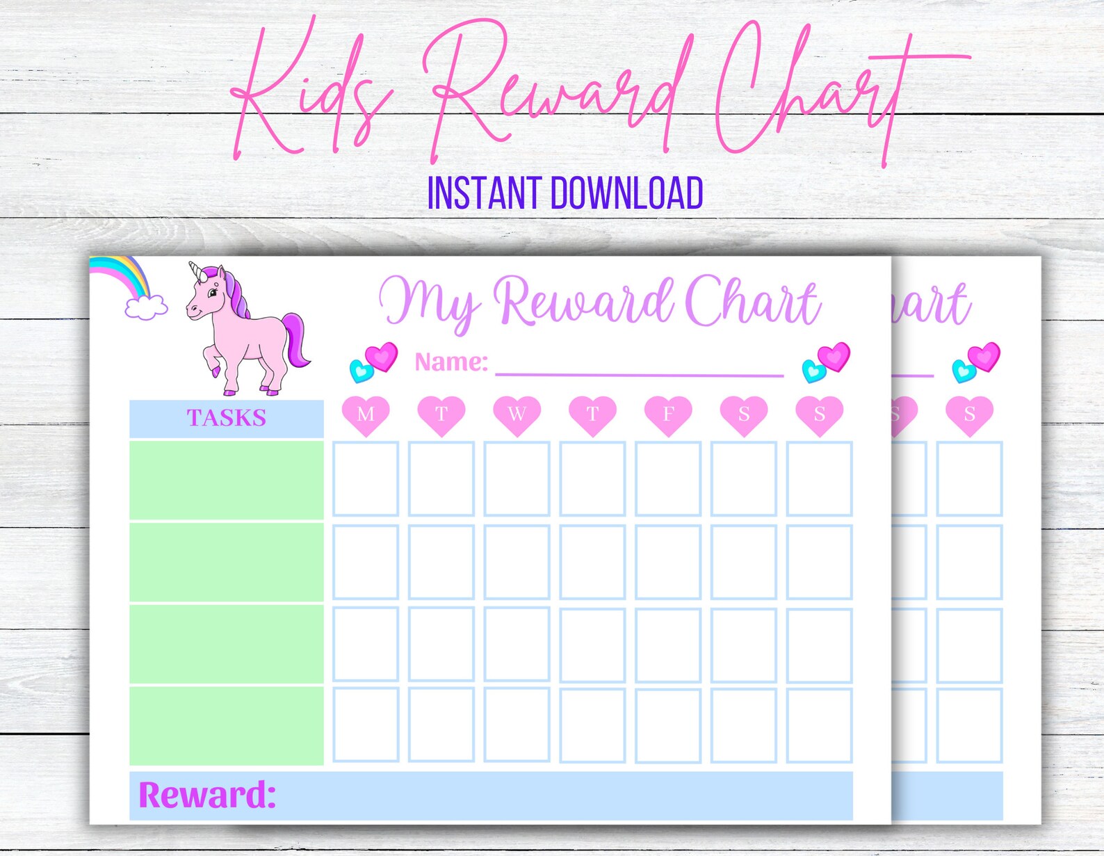 Kids & Toddler Reward Chart Printable, Rainbow, Hearts, Daily Weekly ...
