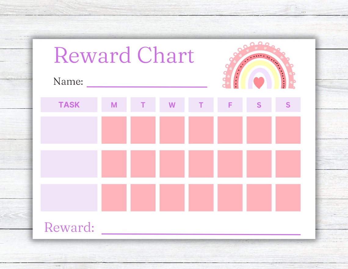 Printable Children’s Reward Chart, Chore Chart, Rainbow, Pink, Daily ...