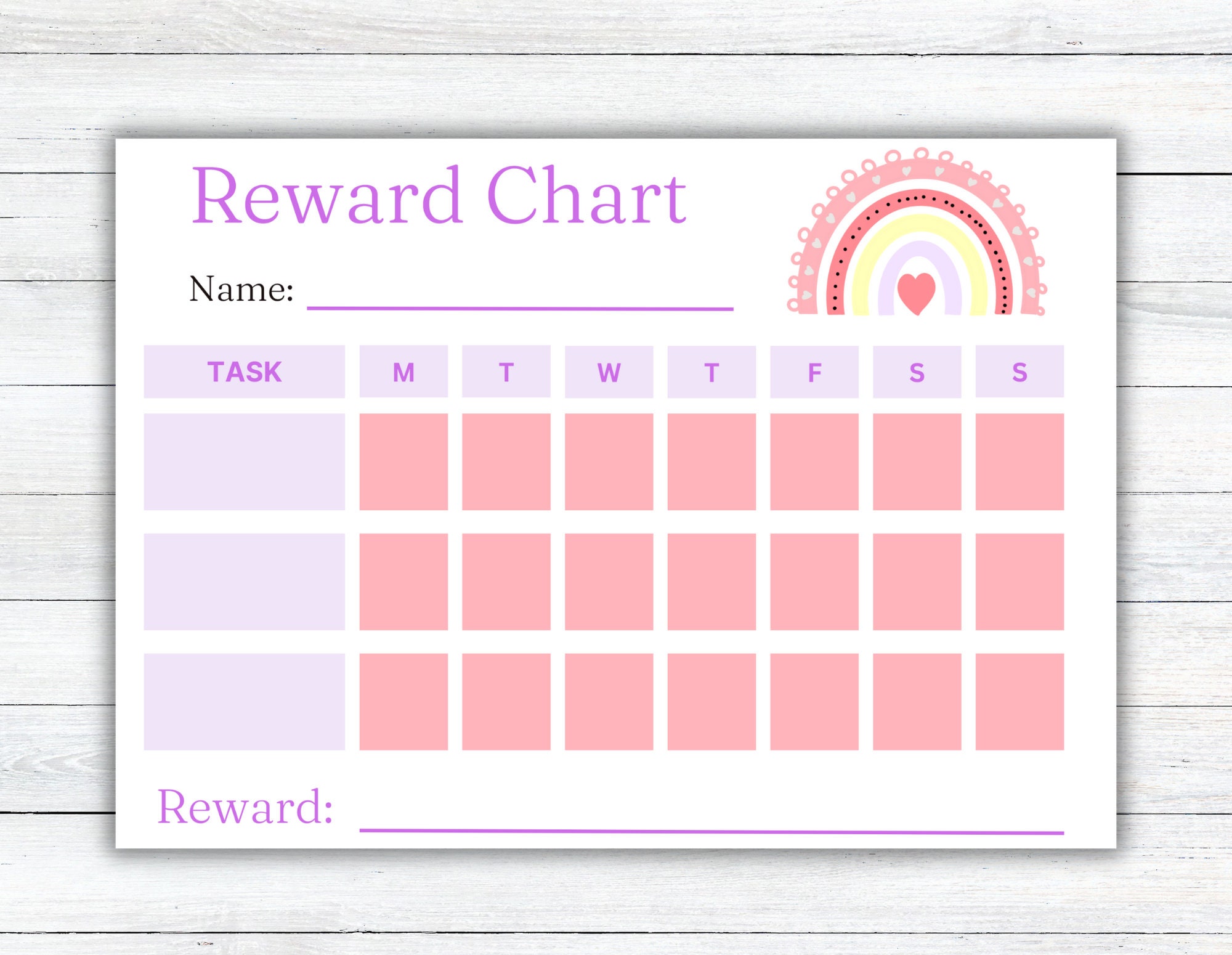 Printable Children’s Reward Chart, Chore Chart, Rainbow, Pink, Daily ...