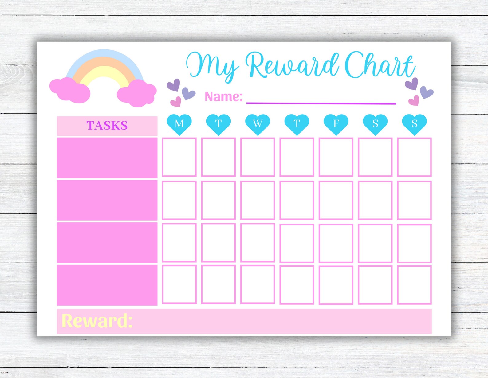 Kids & Toddler Reward Chart Printable, Rainbow, Hearts, Daily Weekly ...