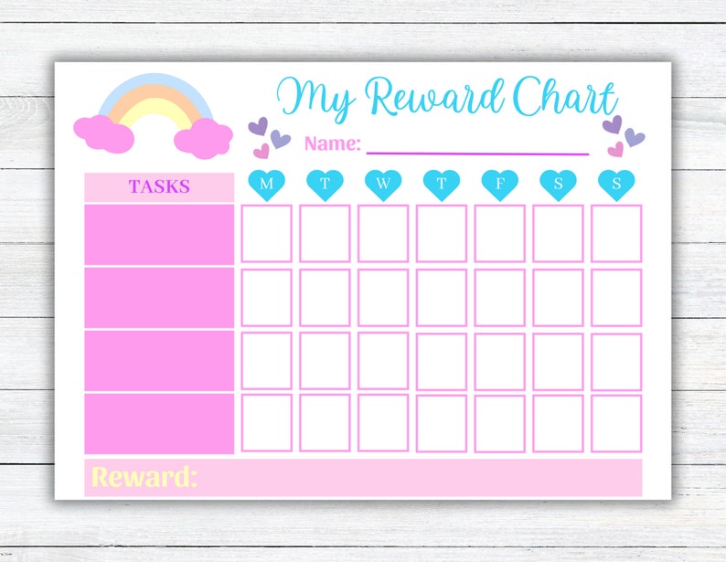 Kids & Toddler Reward Chart Printable, Rainbow, Hearts, Daily Weekly ...