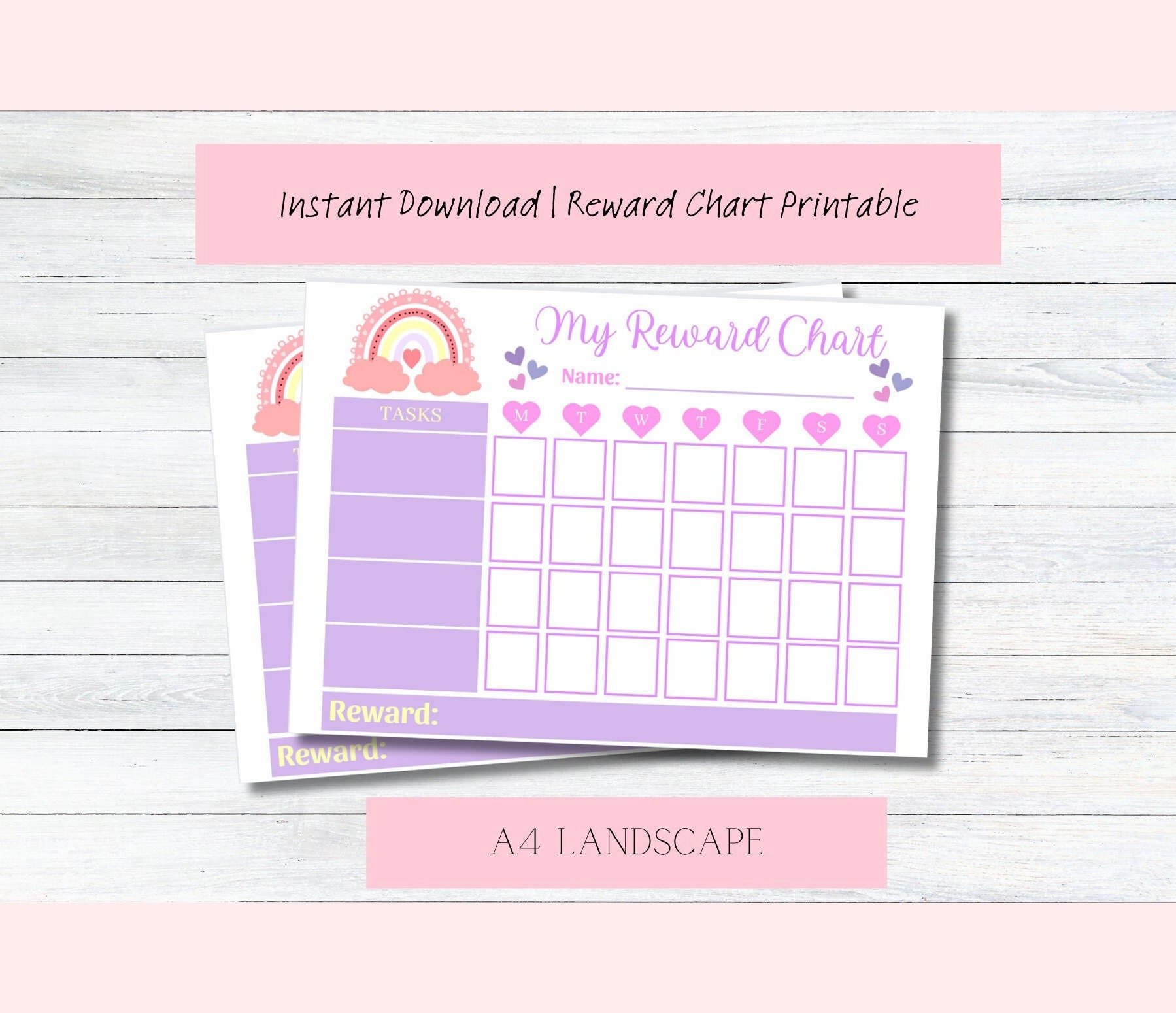 Kids & Toddler Reward Chart Printable, Rainbow, Hearts, Daily Weekly ...
