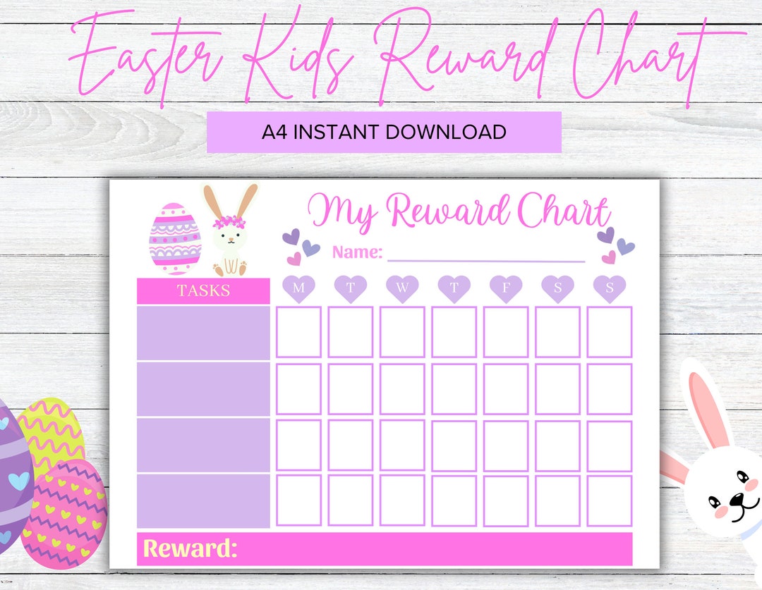 Easter Kids & Toddler Reward Chart Printable, Hearts, Daily Weekly ...