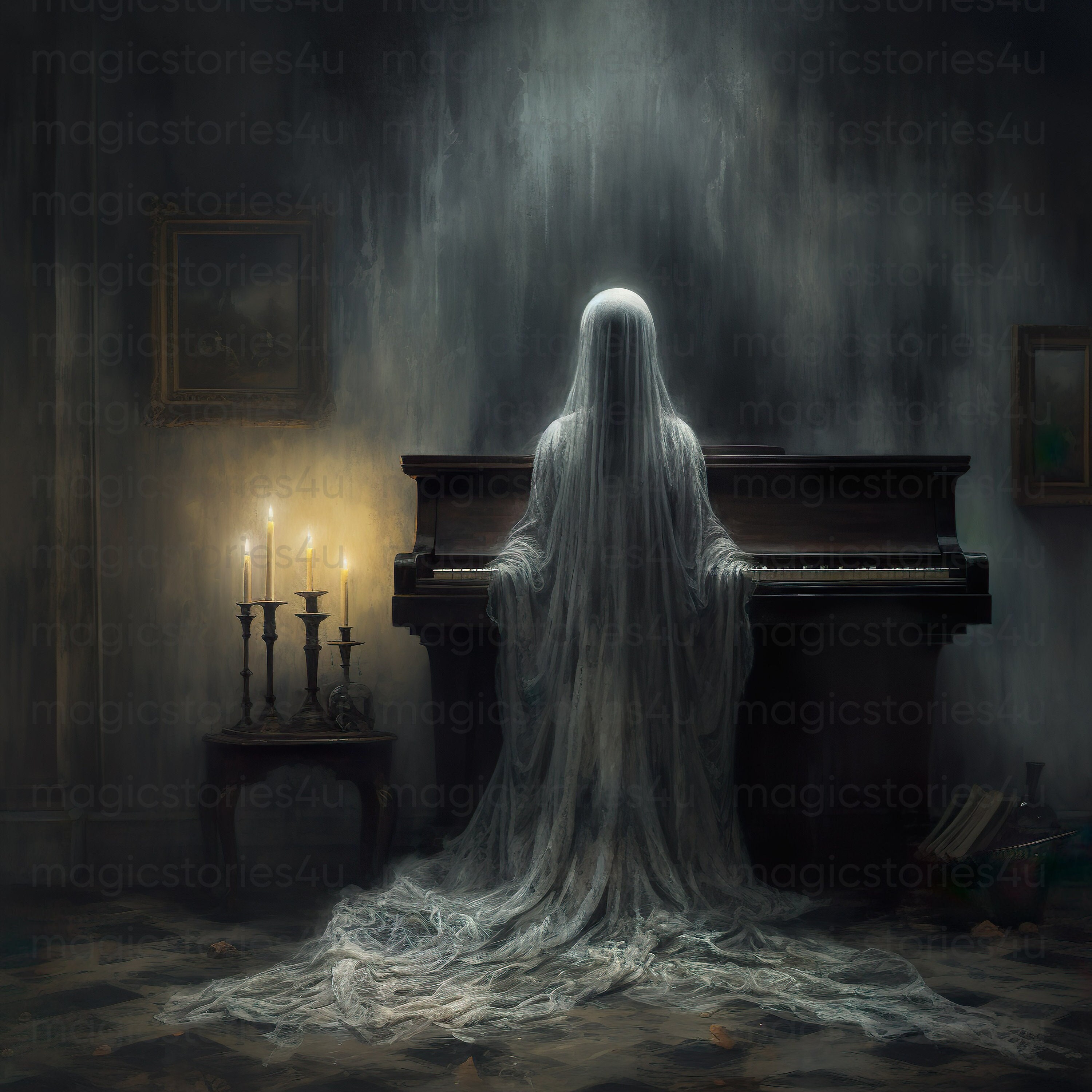 Ghost Playing Piano Printable Wall Art, Halloween Art Print Downloadable, Ghost Digital Print ...