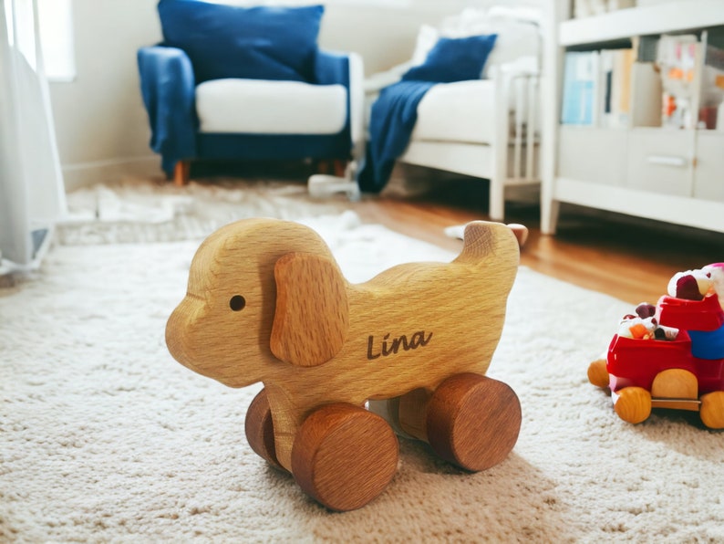 Personalized Wooden Toy Dog With Wheels Gift for Toddlers, Customizable ...