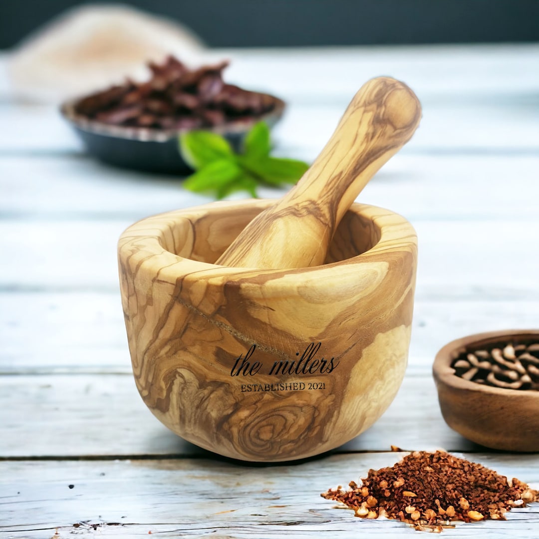 Personalized Olive Wood Mortar and Pestle Set: Farmhouse Kitchen Decor - Etsy
