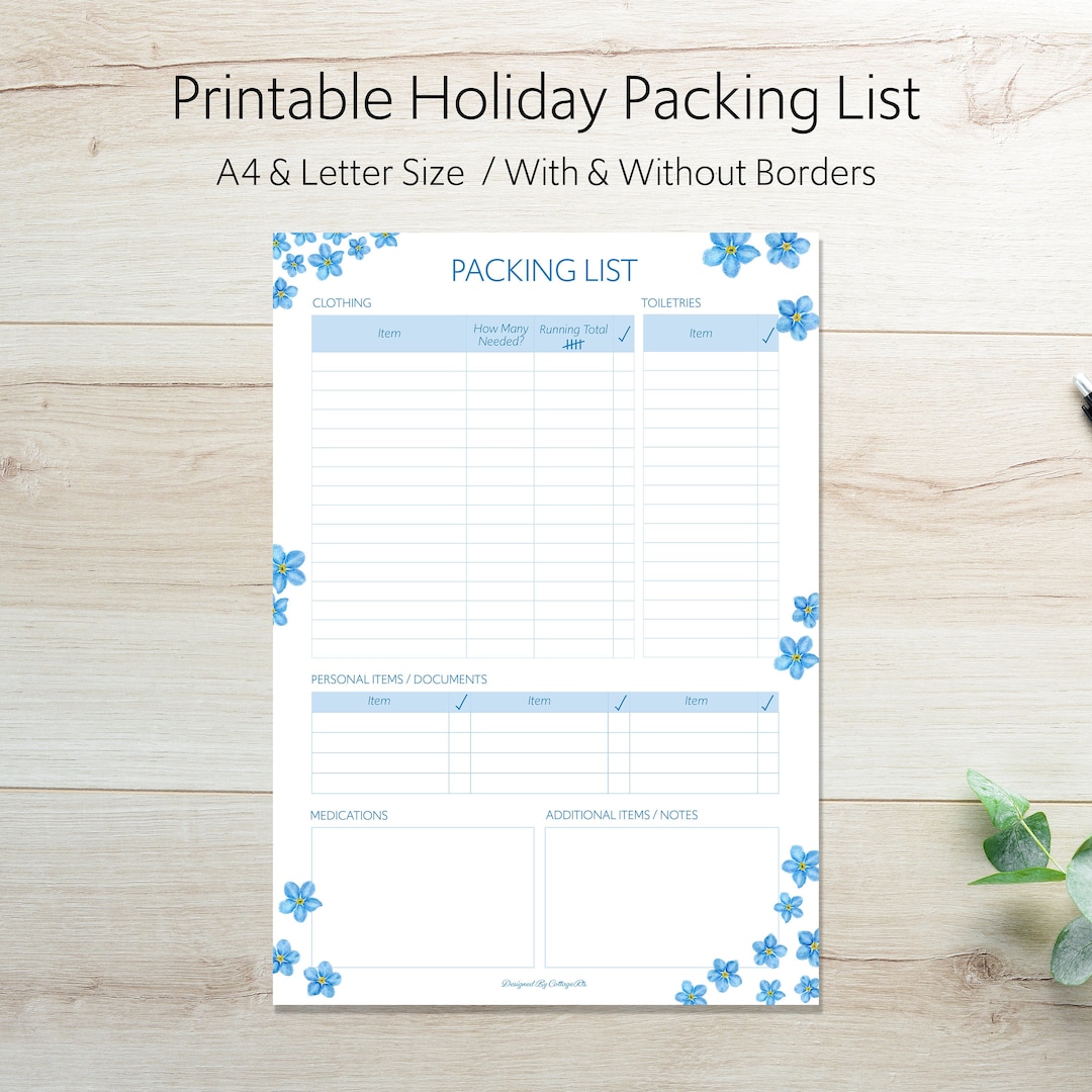 Printable Holiday / Vacation Packing List Forget-me-not Flowers A4 and ...
