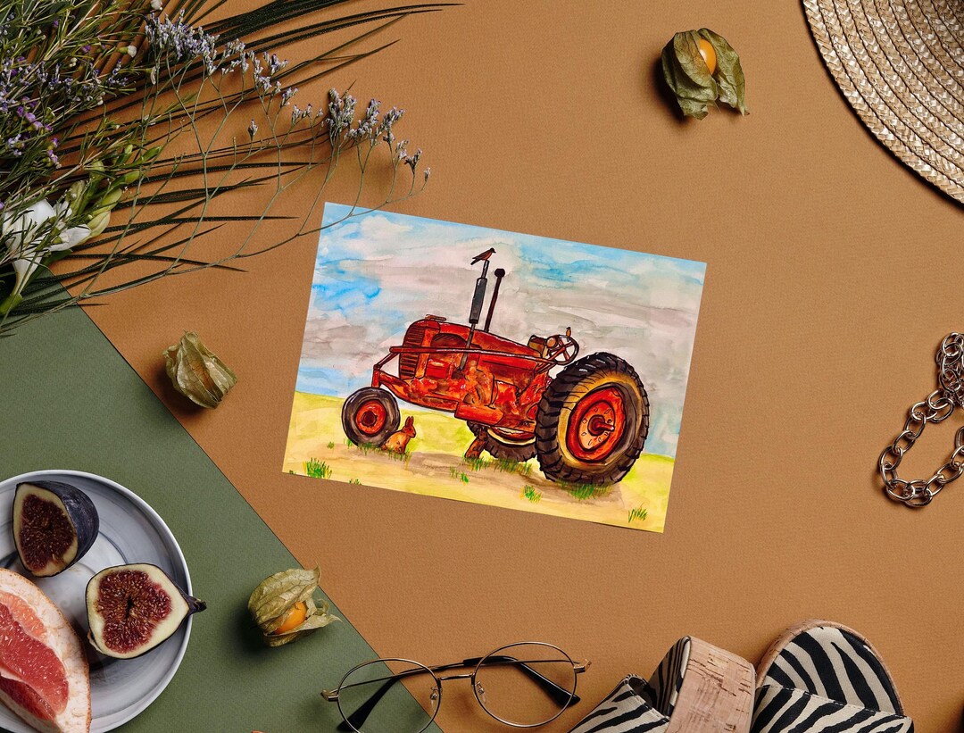 Sets of Watercolor Tractor Card, Watercolor Cards, Blank Inside ...