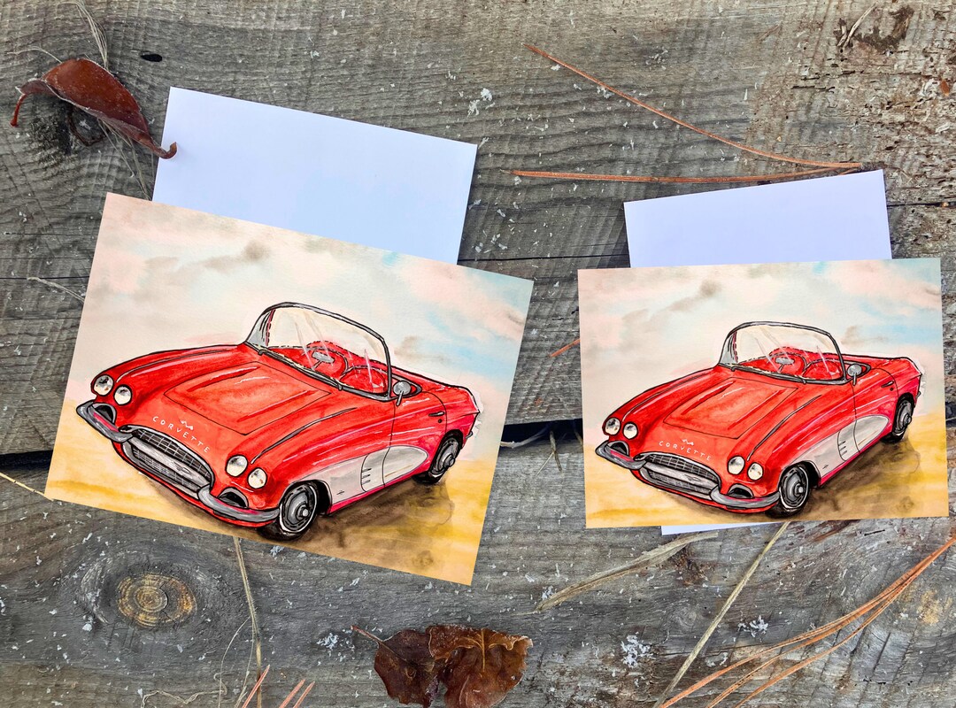 Set of 5 or 10 Watercolor Cards, Corvette, Classic Car, Car Painting ...