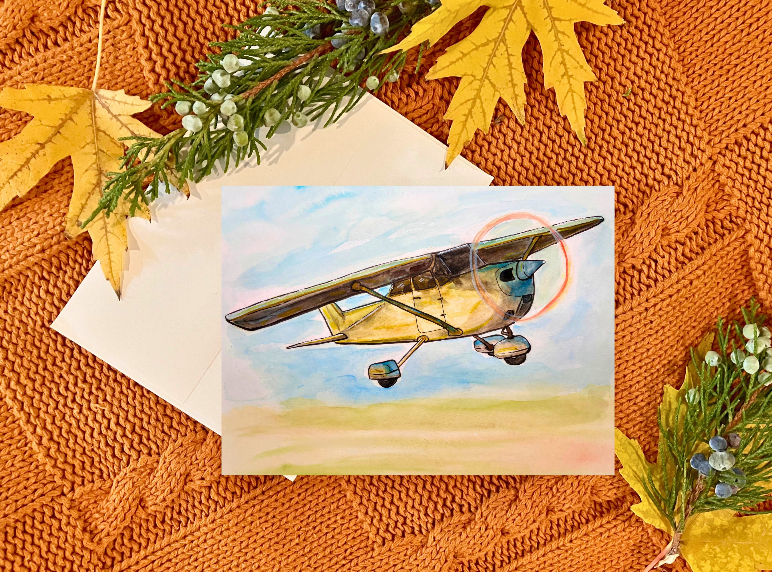 Watercolor Cessna Plane Card: Vintage Airplane Greeting Card - Etsy