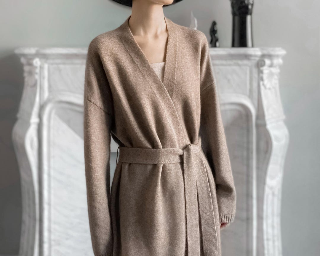 100% Baby Cashmere Wrap Cardigan With Belt, Taupe Undyed Cashmere Open ...