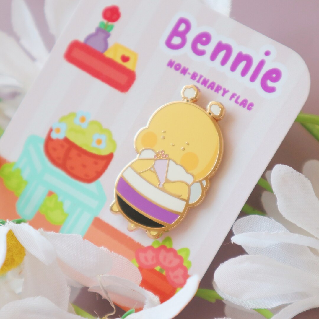 Non-binary Flag Enamel Pin - Subtle LGBT Enby Mascot - Kawaii Yellow ...