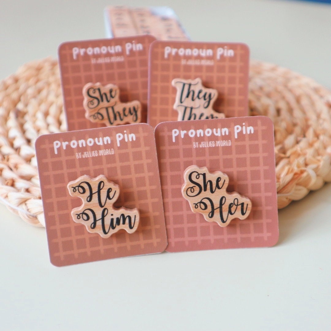 Pronoun Pin Wooden - Typography Cursive - She/her Pin - He/him Pin ...