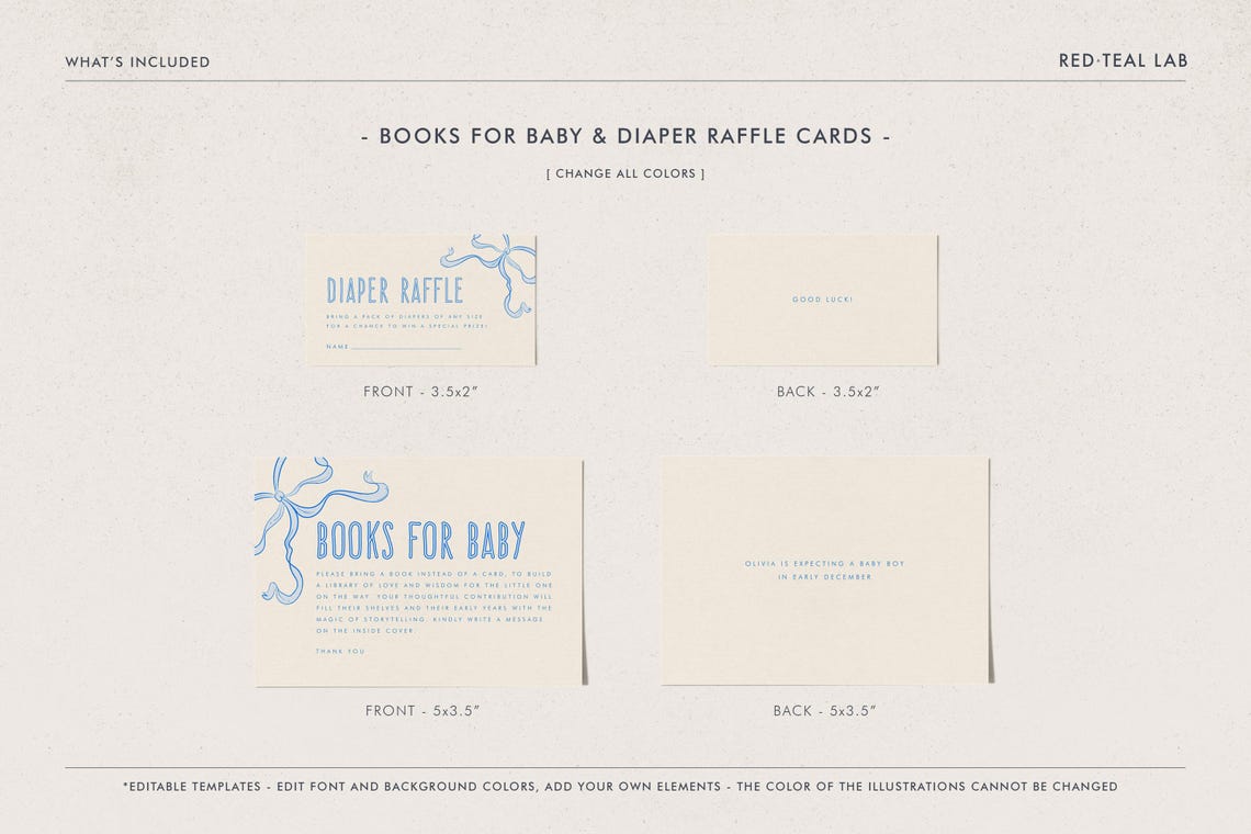 Blue Bow Baby Shower Invitation Set, Hand Drawn Blue Bow Invitation ...