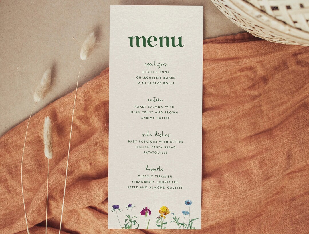 Wildflower Menu Template, Floral Menu Template, Printable Floral Menu ...