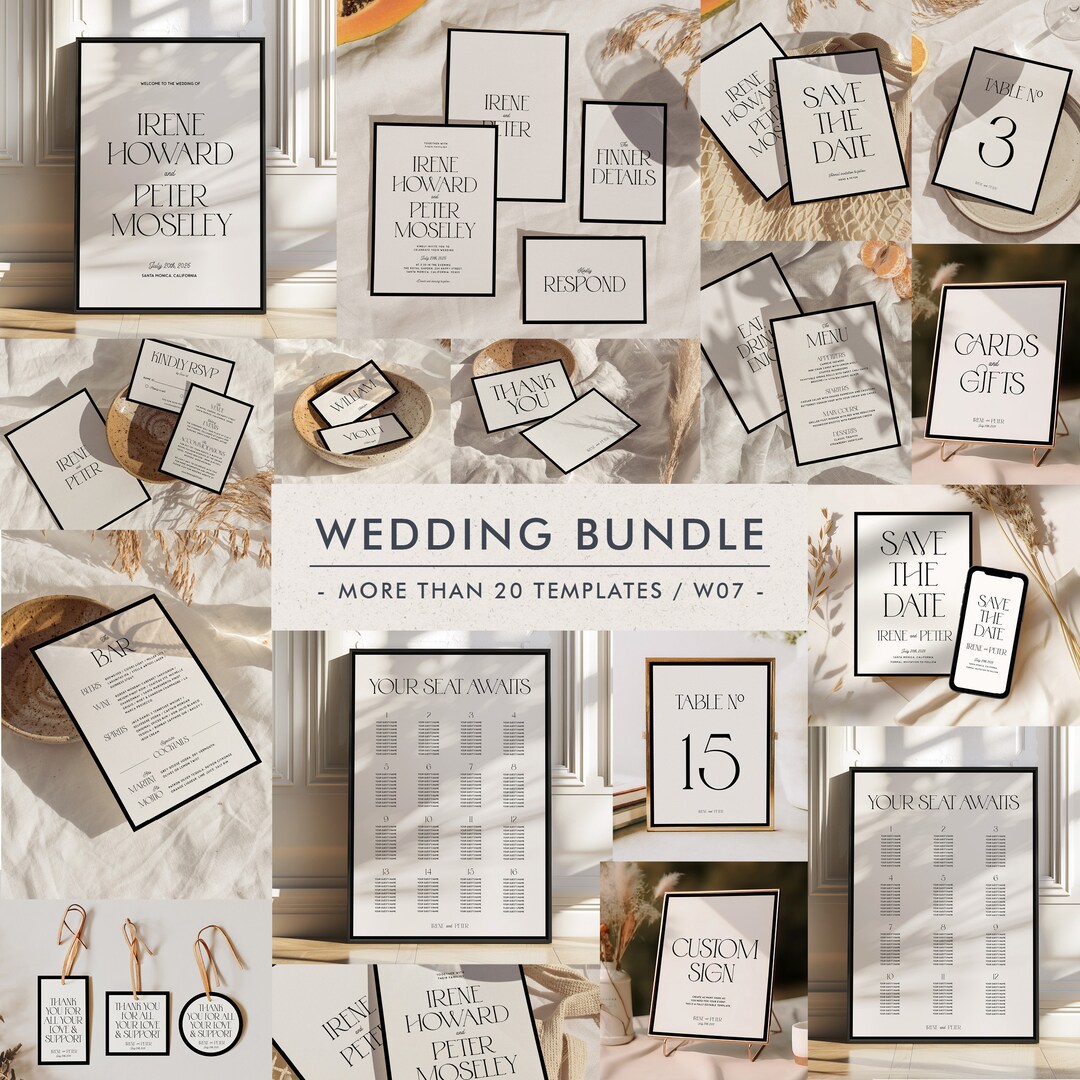 Retro Wedding Invitation Bundle Template, Black&white Wedding Bundle ...