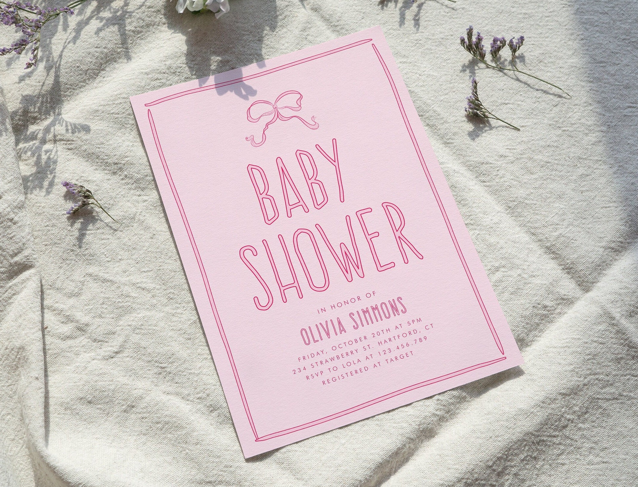Pink Bow Baby Shower Invitation Template, Handwritten Baby Shower ...