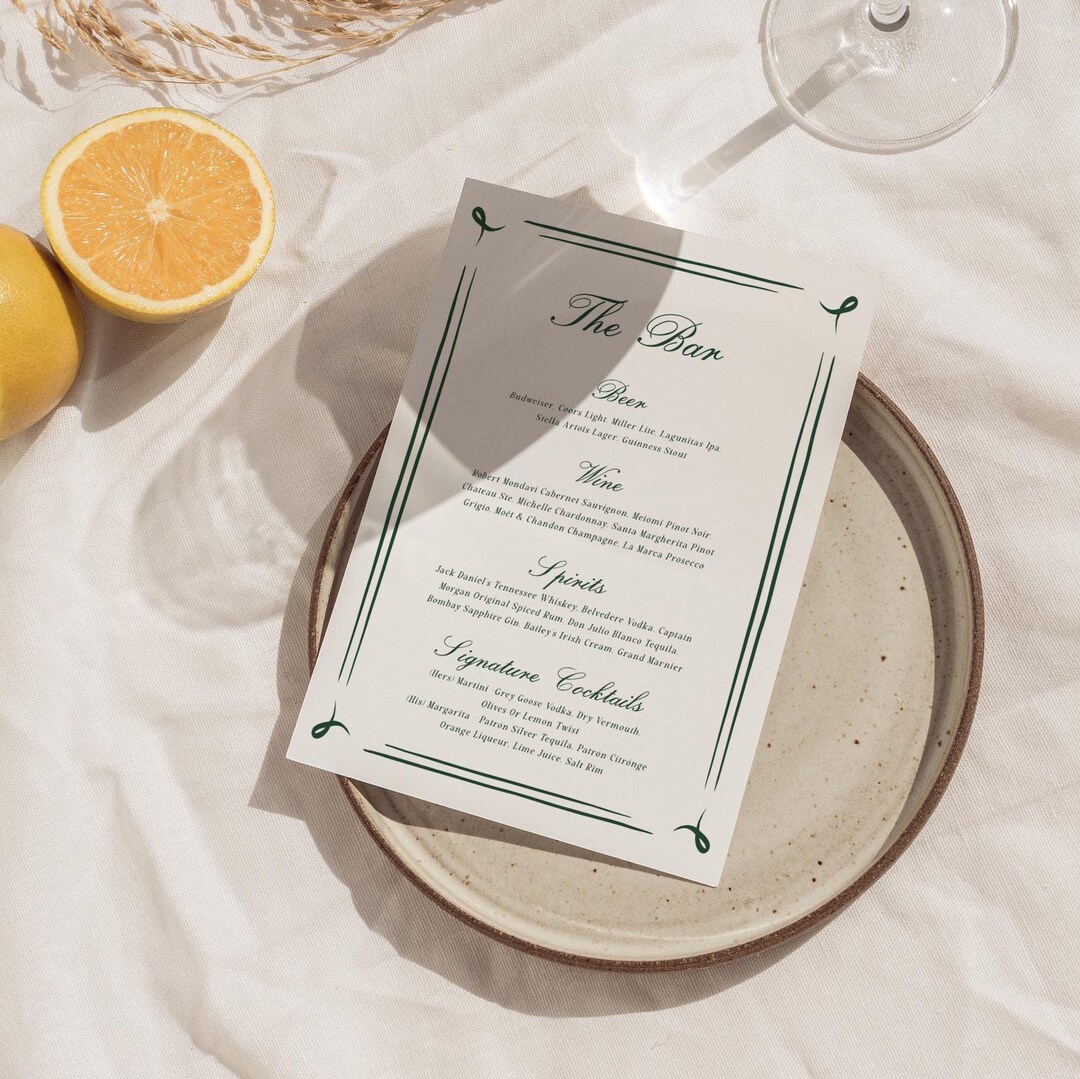 Handwritten Wedding Bar Menu Template, Classic Bar Menu, Drinks Menu ...