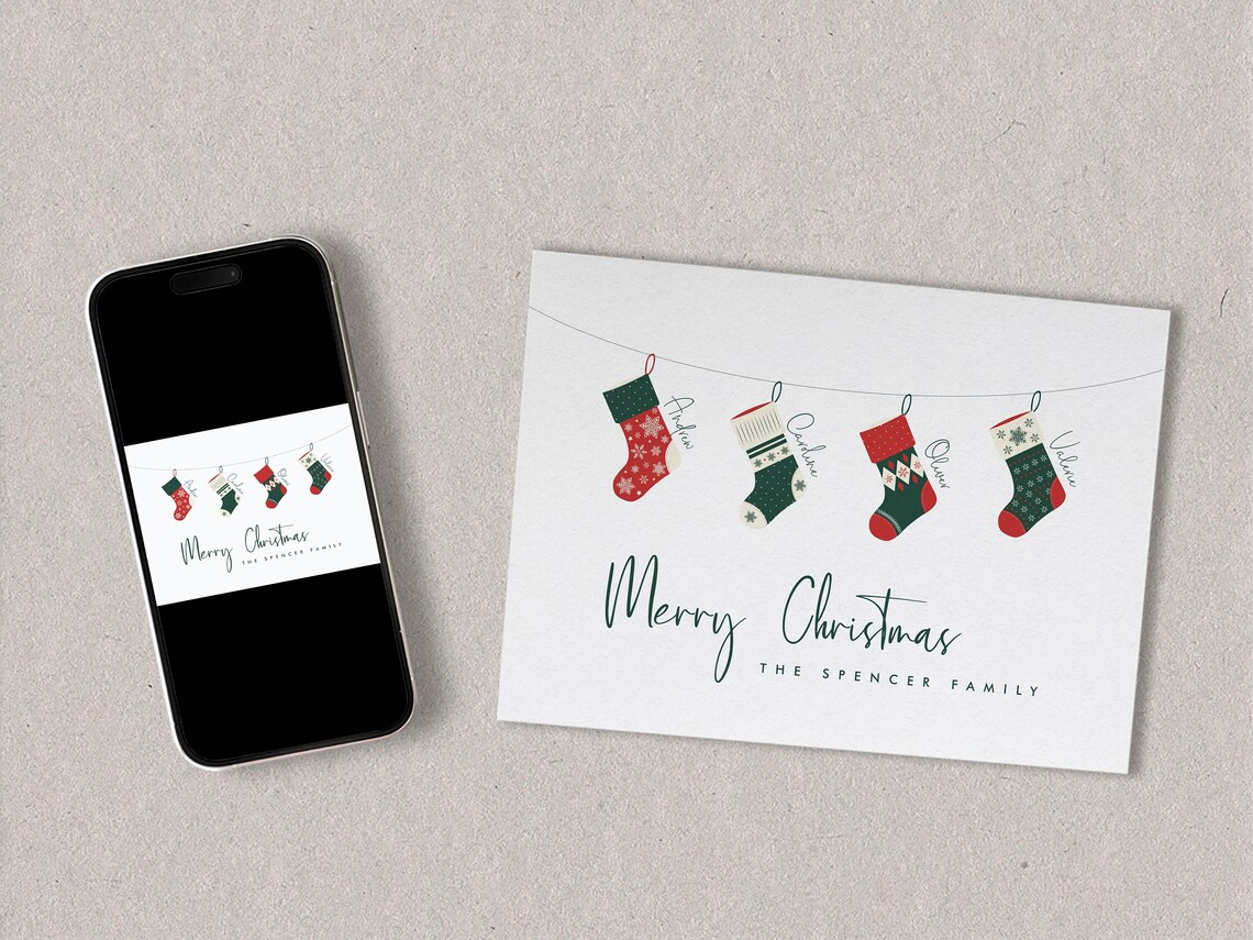 Personalized Christmas Stockings Card, Four Family Names, Printable ...
