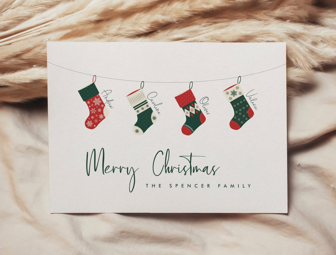Personalized Christmas Stockings Card, Four Family Names, Printable ...