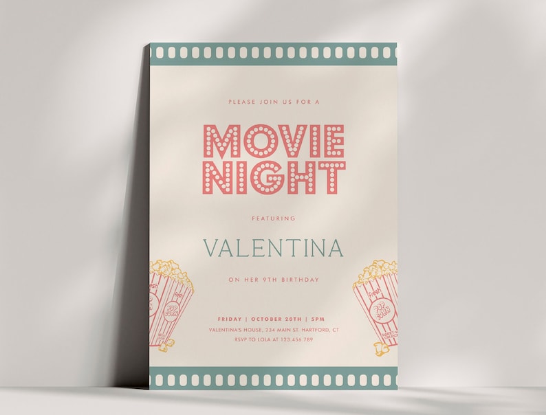 Movie Birthday Party Invitation, Editable Movie Night Invite, Movie ...