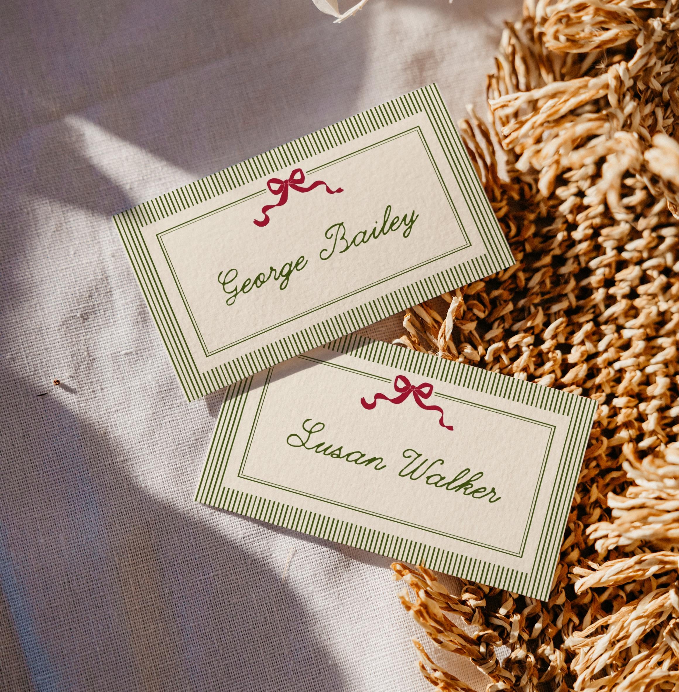 Retro Christmas Place Card Template, Modern Vintage Christmas Name Card ...
